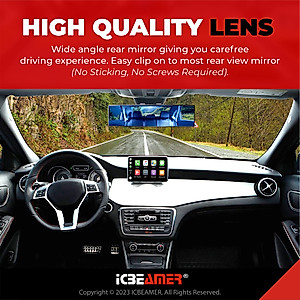 ICBEAMER 9.4" Car Rear View Mirror, HD Blue Tint, Panoramic Wide Angle Convex Surface, 2 Interior Retractable Rubber Clips, Anti Glare, Automotive Accessories Universal for Truck, Car, SUV, 1 Pack