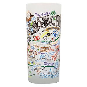 Catstudio Drinking Glass, Massachusetts Frosted Glass Cup for Kitchen, Bar Glass Drinking Glasses, Everyday Drinking Cup or Cocktail Glass, 15oz Dishwasher Safe Glass Tumbler for Massachusetts Lovers