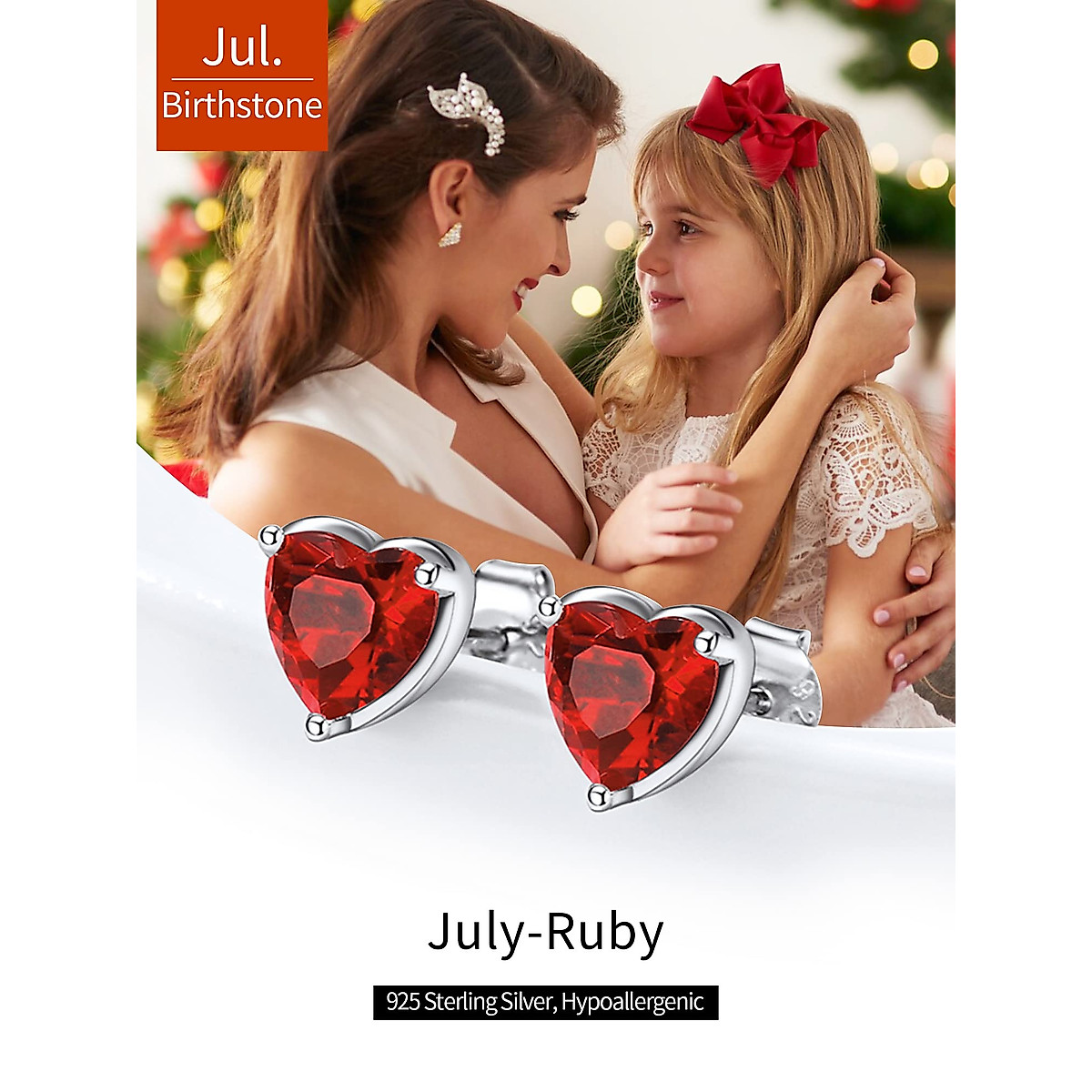 Women Earrings Hypoallergenic 925 Sterling Silver Love Heart Earrings Studs Red Cubic Zirconia Ruby Gemstone July Birthstone Stud Earrings for Sensitive Ears