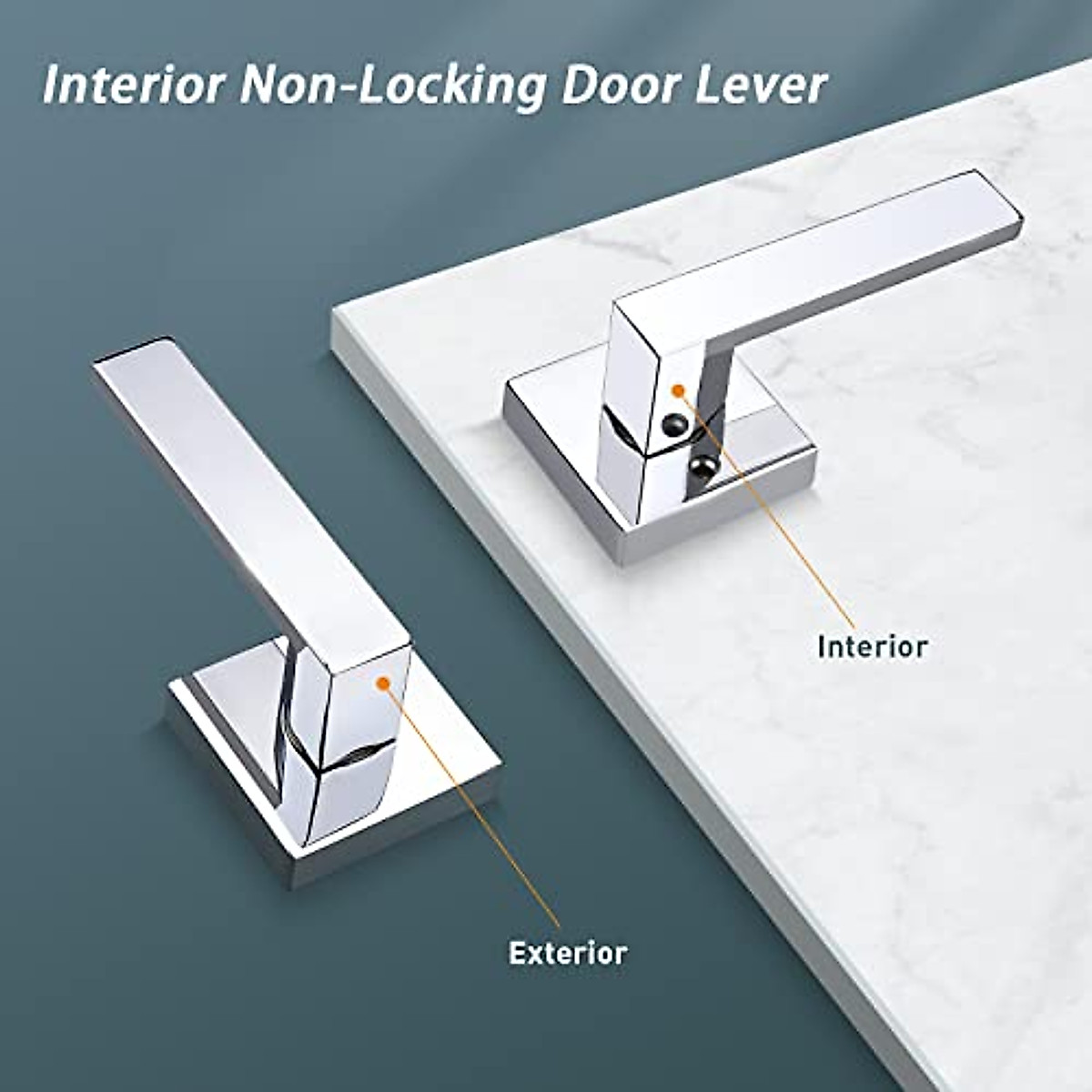 DECORITEN 5 Pack Heavy Duty Passage Door Levers Polished Chrome Interior Door Handles with Square Rosette, Straight Keyless Door Locks for Closet Hallway