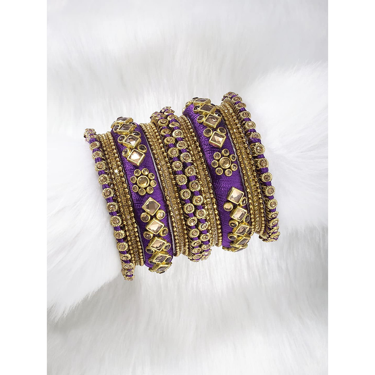 Aheli Ethnic Handmade Silk Thread Faux Stone Studded Bangle Set Chudha Indian Traditional Wedding Wear Fashion Jewelry for Women (Purple)
