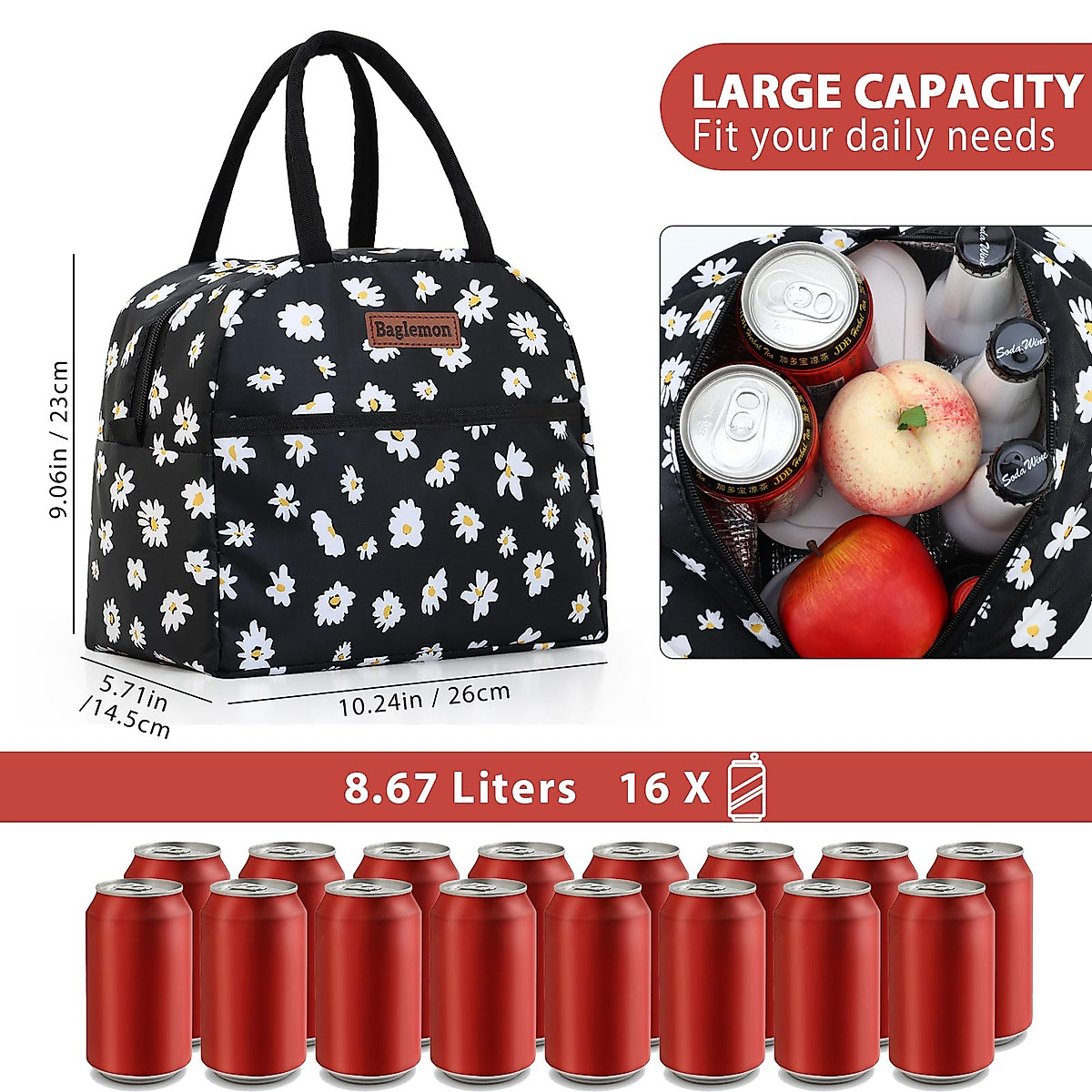 Baglemon Insulated Lunch Bag for Women Men, Lunch Containers Reusable High Capacity Lunch Tote Bags for for Work Picnic(Black Daisy)