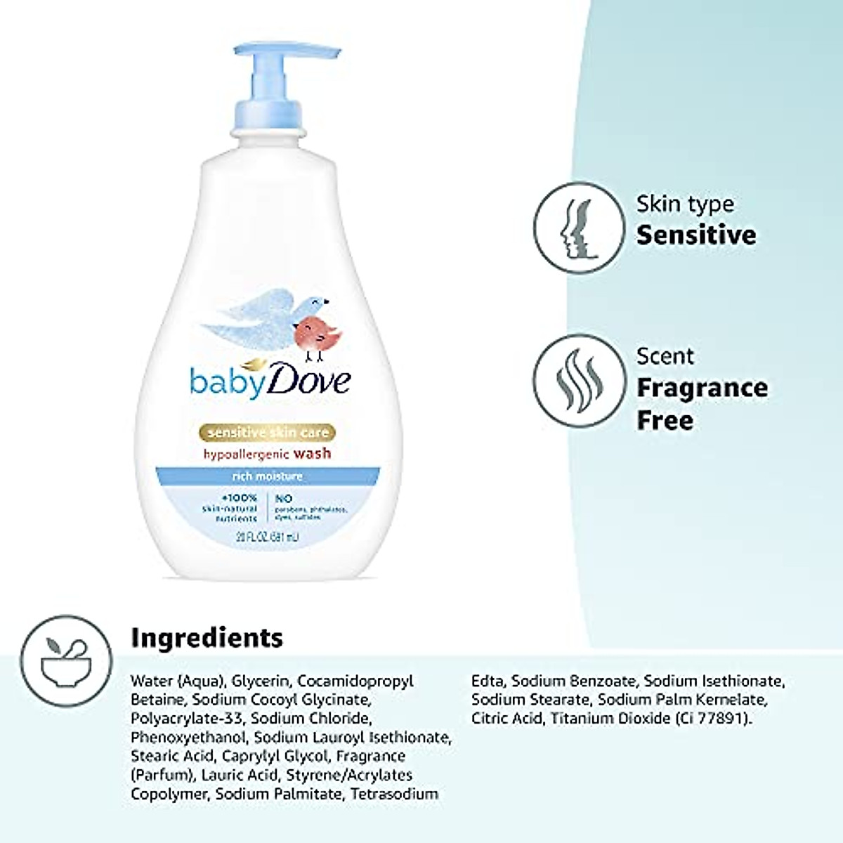 Baby Dove Sensitive Skin Care Baby Wash For Baby Bath Time Rich Moisture Tear-Free and Hypoallergenic, 20 oz (Packaging May Vary)