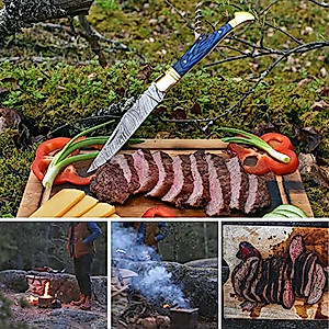 WARLOCKS CLUB Handmade Damascus Pocket Knife with Sheath, 7" Folding Hunting Knife for Outdoor Camping, Laguiole Pocket Knife, Cork Screw for Wine or Bottle Opener