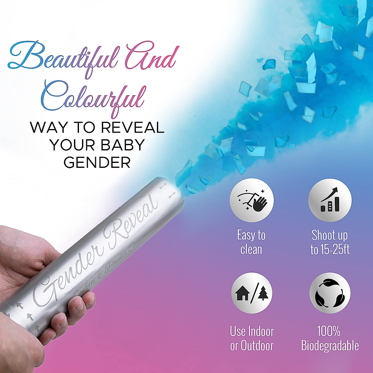 Santiago Design | Gender Reveal Confetti Cannon Poppers - Set of 2 Blue - 100% Biodegradable Confetti Tissue & Safe Powder Smoke - Baby Boy Gender Reveal Party Supplies