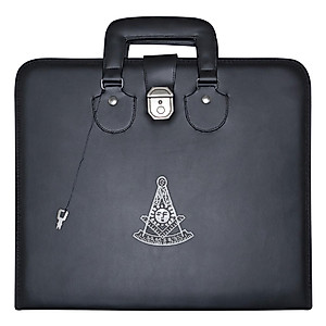 Masonic Past Master Apron Case – Machine Embroidered (Black Leather), MM Provincial Size | Freemason Carrying Bags (Silver Emblem)