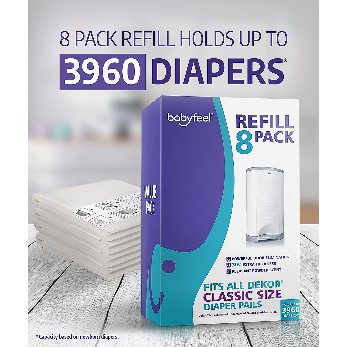 Babyfeel Refills Compatible with DEKOR CLASSIC Diaper Pails | 8 Pack | Exclusive 30% Extra Thickness | Diaper Pail Refills with Powerful Odor Elimination | Powder Scent | Holds up to 3960 Diapers