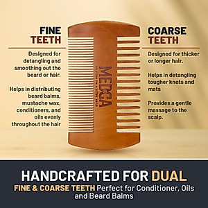 Wooden Beard Comb With Leather Case - Handcrafted Solid Beechwood Beard, Mustache and Head Hair Pocket Combs for Men Dual Action Fine & Coarse Teeth Perfect for Conditioner Oils and Beard Balms