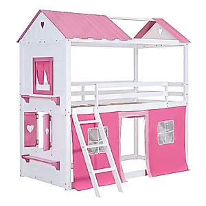 BOVZA Twin Over Twin House Bunk Bed with Tent, Kids Bunk Bed with Roof Elegant Windows and Sills, Wood Playhouse Tent Loft Bed Frame for Teens Boys Girls, Pink+White