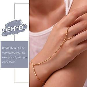 Obmyec Boho Gold Finger Ring Bracelets Beaded Slave Ring Hand Chain Harness Bracelet Hand Jewelry for Women