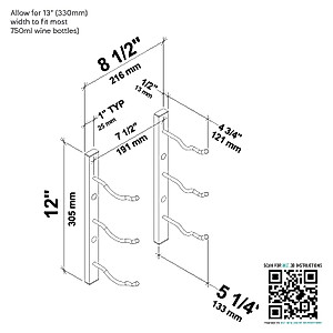 VintageView W Series (1 Ft) - 3 Bottle Metal Wall Mounted Wine Rack (Satin Black) Stylish Modern Wine Storage with Label Forward Design