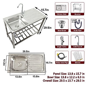 ZHXIPP Freestanding Kitchen Sink Commercial Stainless Steel Single Bowl Sink with Storage Shelves Restaurant Sink Utility Utility Washing Hand Basin 29.5 x15.7 X 29.5 in (Silver)