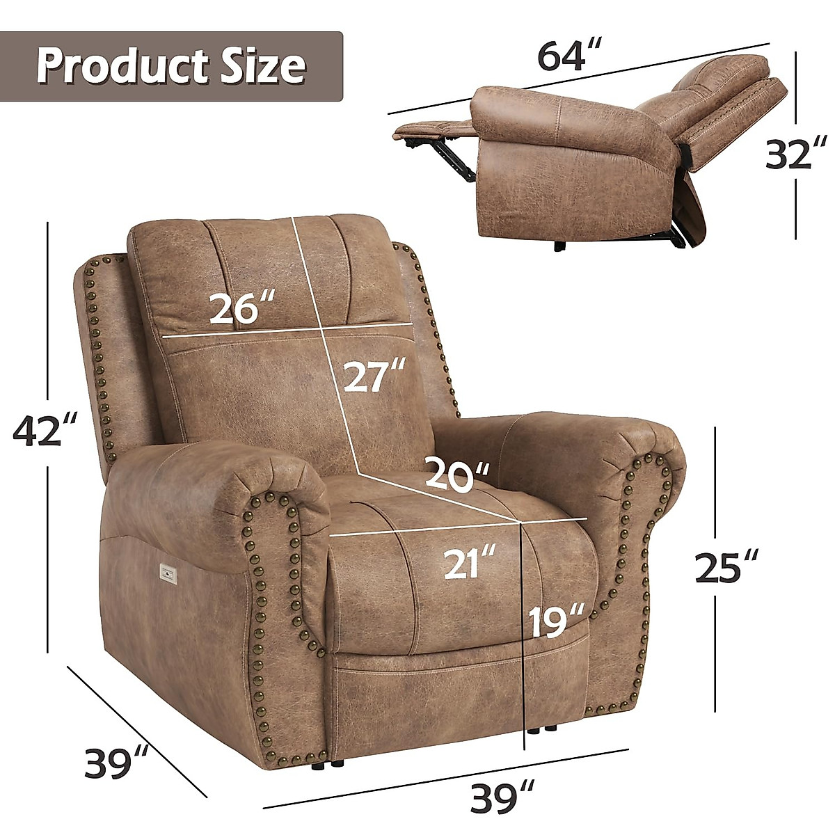 INZOY Electric Power Recliner with Breathable Leather, Classic Electric Reclining Recliner Chair with USB Port, Upholstered Single Sofa Recliner for Living Room Bedroom Home Theater, Brown
