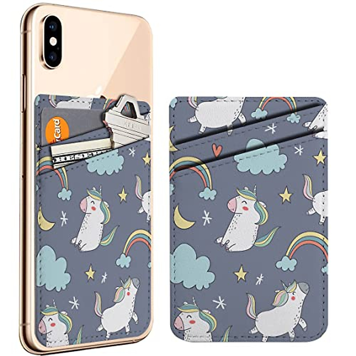 Diascia Pack of 2 - Cellphone Stick on Leather Cardholder ( Beautiful Happy Unicorns Pattern Pattern ) ID Credit Card Pouch Wallet Pocket Sleeve