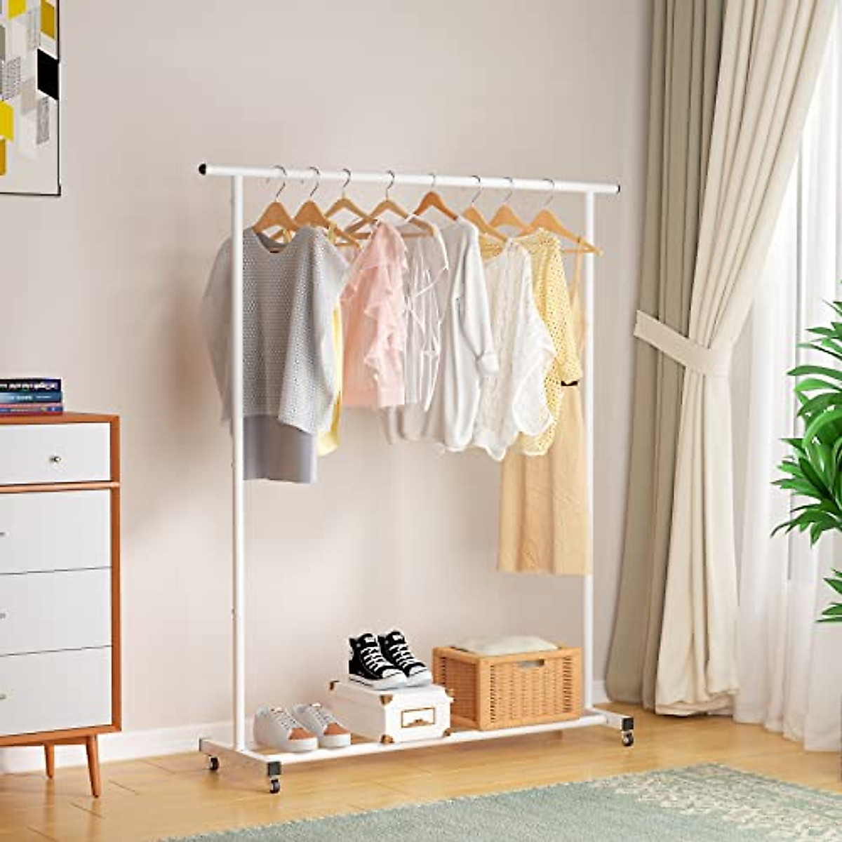 Buzowruil Clothing Rack Clothes Rack Standard Rod Simple Rolling Metal Garment Rack Organizer Freestanding Hanger with Wheels,White