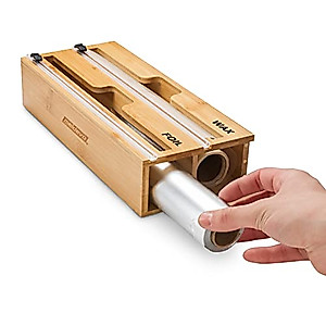2 in 1 Wrap Dispenser with Cutter and Labels, Plastic Wrap, Aluminum Foil and Wax Paper Dispenser for Kitchen Drawer, Bamboo Roll Organizer Holder, Compatible with 12" Roll