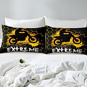 Motorbike Kids Fitted Sheet Full Size,Motorcycle Extreme Sports Bedding Set,Girls Boys Adults Bedroom Decor,Geometric Honeycomb Hexagon Bed Cover,Yellow Fashion Bed Sheet,2 Pillowcases