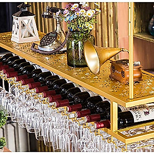 Double Layer Wine Rack Bar Wine Glass Rack Suspension Ceiling Wine Rack Restaurant Wine Bottle Rack J1019, PIBM, Gold, L60×W30cm