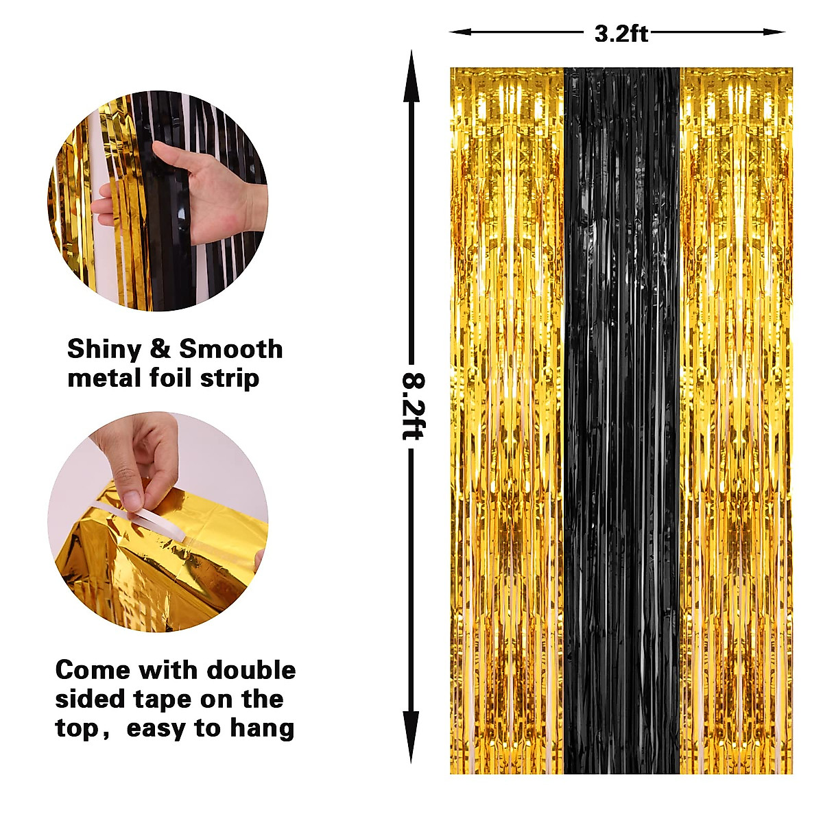 PIGETALE, 2 Pack 3.2x8.2 Feet Black and Gold Tinsel Backdrop Party Decorations, Foil Fringe Curtains Backdrop for Birthday Graduation Wedding Engagement Bridal