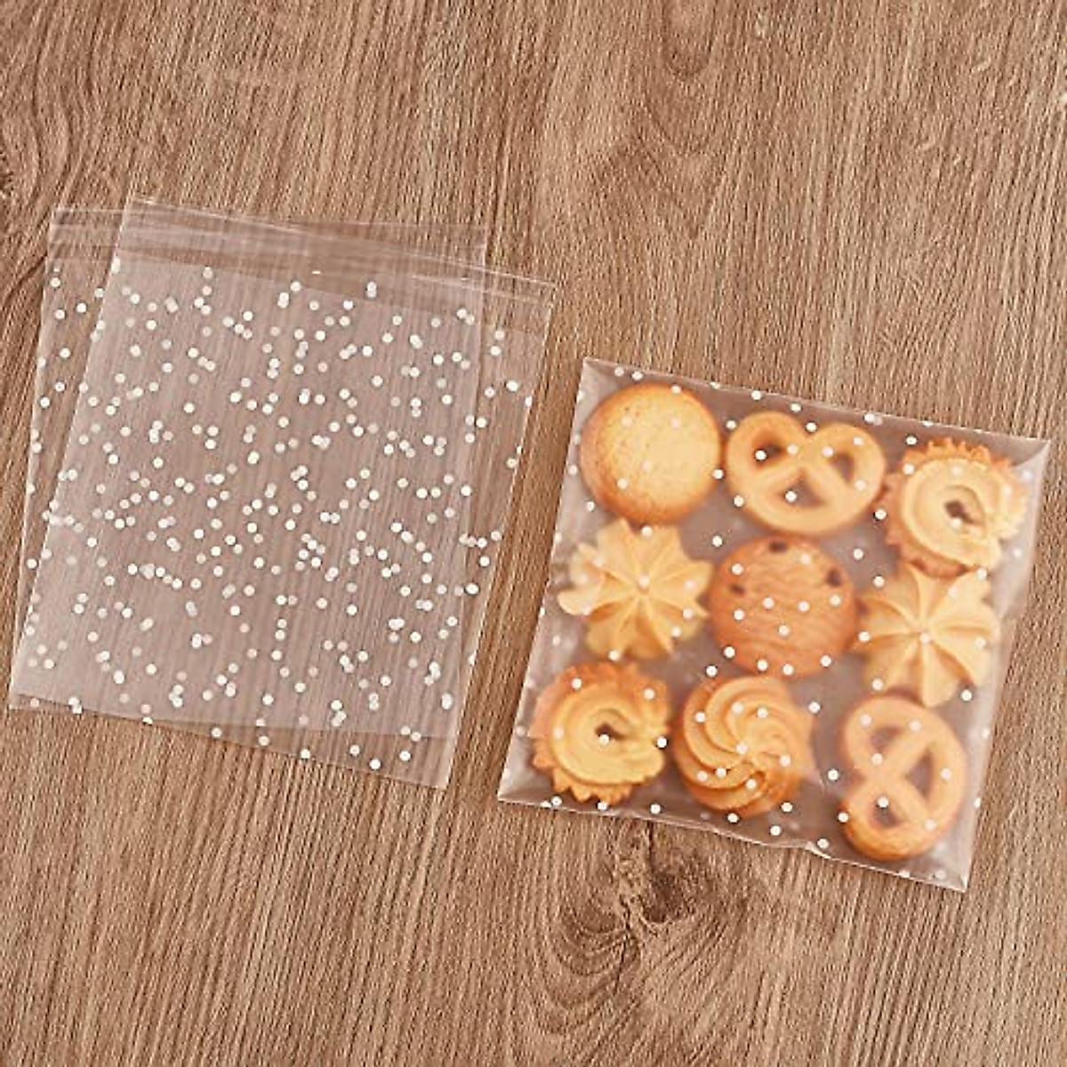 Zezzxu 200PCS Cookie Bags Self Adhesive Clear Plastic Cellophane Treat Bags for Candy Pastry Packaging Party Favor Gift Giving (White Polka Dots, 5.5 × 5.5 inches)