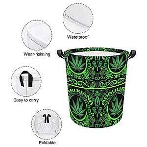 Green Leaf Weed Large Laundry Basket Hamper Bag Washing with Handles for College Dorm Portable