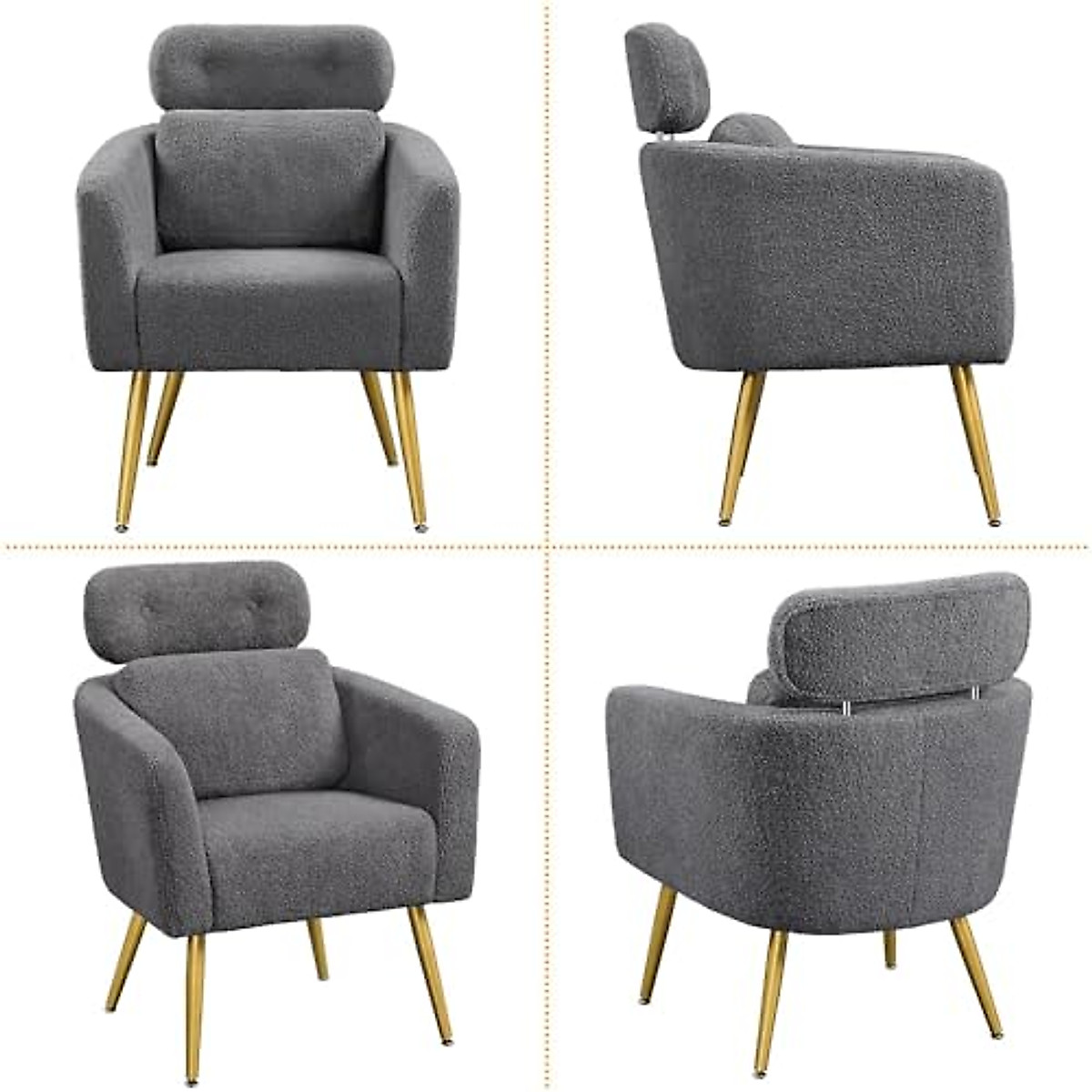 Yaheetech Accent Chair, Cozy Living Room Chair Adjustable Headrest, Boucle Vanity Chair Lumbar Pillow Golden Legs, Modern Armchair Bedroom, Dark Gray