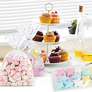 LEOSINDA 100 pcs Clear 6"X 10" Flat Gift Wrap Cellophane Bags Cello Bags Cookie Bags Treat Bags with Twist Ties Poly Bag 1.3 mil for Bakery, Cookie, Candies Silver Star Printed