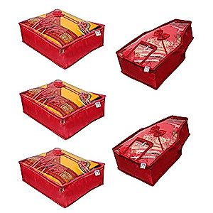 atorakushon Fabric Satin Saree and Blouse Covers Garments Clothes Storage Bag Wardrobe Organizers With Double Zip Lock & Transparent Window Set of 5 Maroon