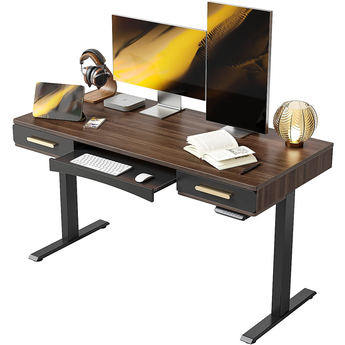 FEZIBO 48" x 26" Mid-Century Modern Electric Standing Desk with 2 Drawers & 1 Keyboard Tray, Whole-Piece Stand Up Home Office Desks, Vintage Top/Black Frame (2 Packages)