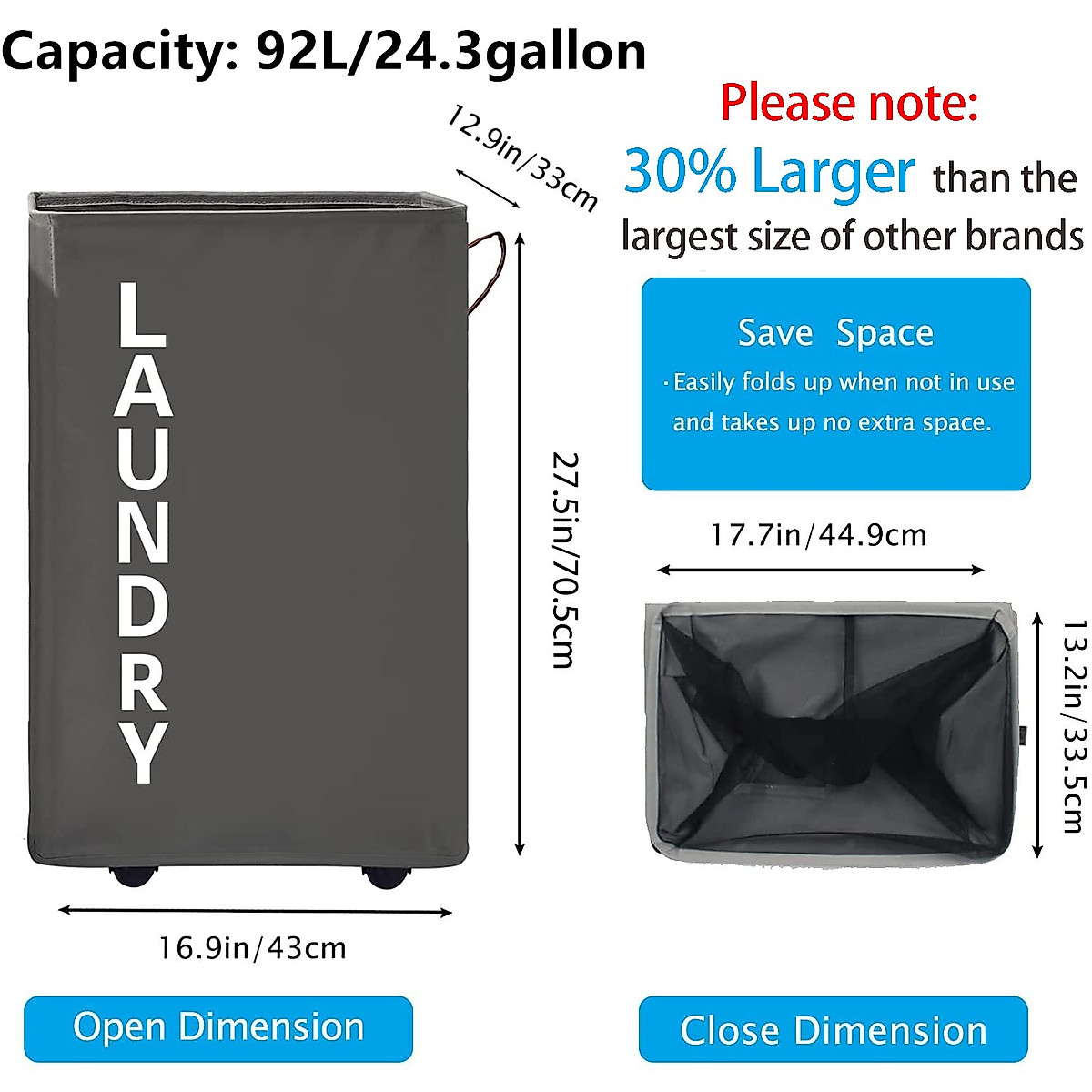 92L Extra Large Laundry Hamper with Leather Handle,Standable Laundry Basket with Wheels Laundry Hamper on Wheels,Large Hamper,Rolling Laundry Basket Grey