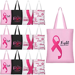 Silkfly 12 Pcs Breast Cancer Awareness Gift Canvas Tote Bags with Handles Pink Ribbon Bags Reusable Grocery Shopping Party Cloth Handbags Washable Craft, 13.78 x 15.75 In