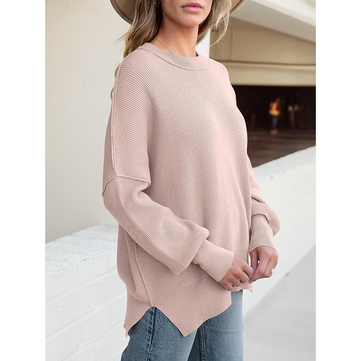 ANRABESS Women Crewneck Batwing Long Sleeve 2024 Fall Oversized Side Slit Ribbed Knit Pullover Sweaters Top Cozy Outfits Pink Small