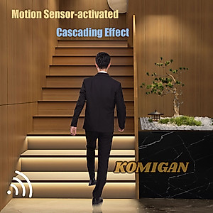 KOMIGAN Intelligent Motion Sensor Cascading Style LED Stair Lighting Kit KMG-3233, 23.6 Inch (60 cm) Length Aluminum LED Light Bar (Warm White 3000K, 16 Stairs)