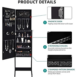 YITAHOME 2 in 1 Jewelry Cabinet with Full Length Mirror, Standing Large Capacity Jewelry Armoire Organizer with 2 Drawers, 3 Angle Adjustable,Black