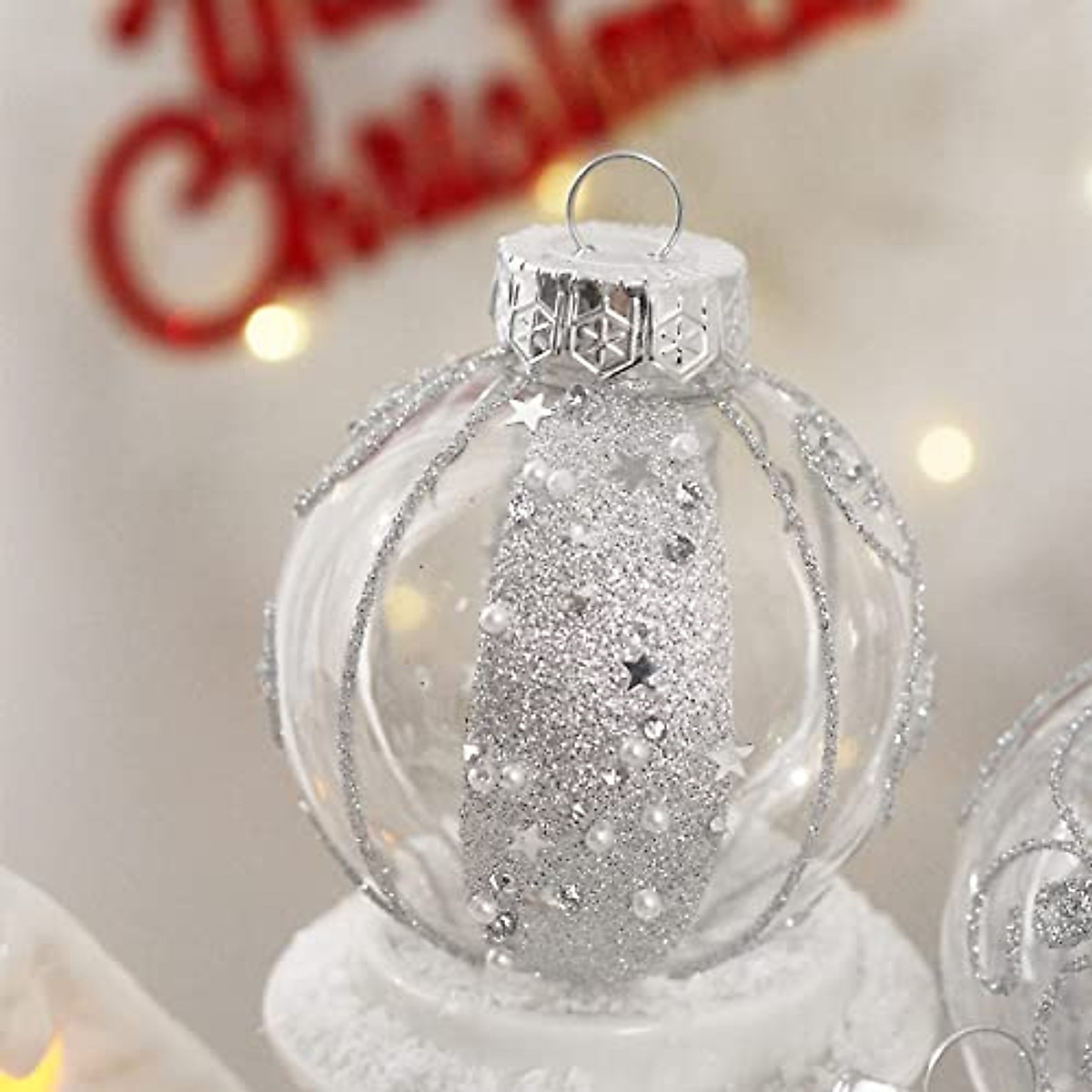 MoonXmas Christmas Ornaments Set, 2.75"/70MM Silver Clear Plastic Shatterproof Christmas Tree Hanging Decorations, for Indoor Home Halloween Thanksgiving Xmas Decor - 6Pcs.
