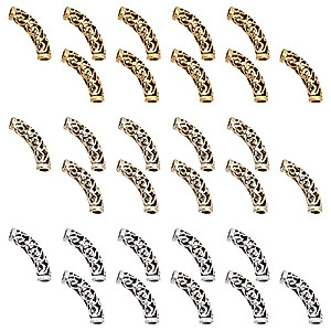 PH PandaHall 3 Colors Curved Tube Beads, 30pcs Twist Tube Slide 32mm Metal Loose Spacers Hollow Noodle Beads Tibetan Style Beads for Jewelry Necklace Bracelet Making, Hole: 4mm