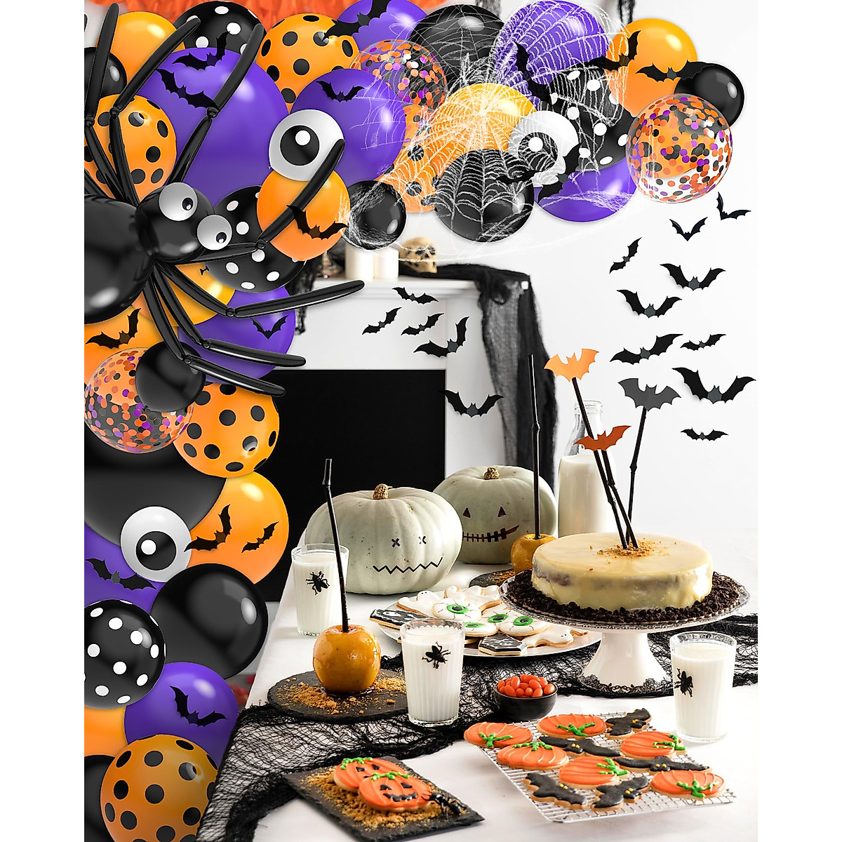 Gojmzo Halloween Balloon Garland Arch Kit, Purple Orange and Black Confetti Balloons with Spider Web Bats for Halloween Party Decorations, Halloween Decorations Indoor Outdoor