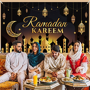 WATINC Ramadan Mubarak Backdrop Banner XtraLarge Eid Arabian Nights Moon Stars Ramadan Kareem Background Banner Party Decorations Supplies Photo Booth for Wall Home Indoor Outdoor 79 X 45 Inch