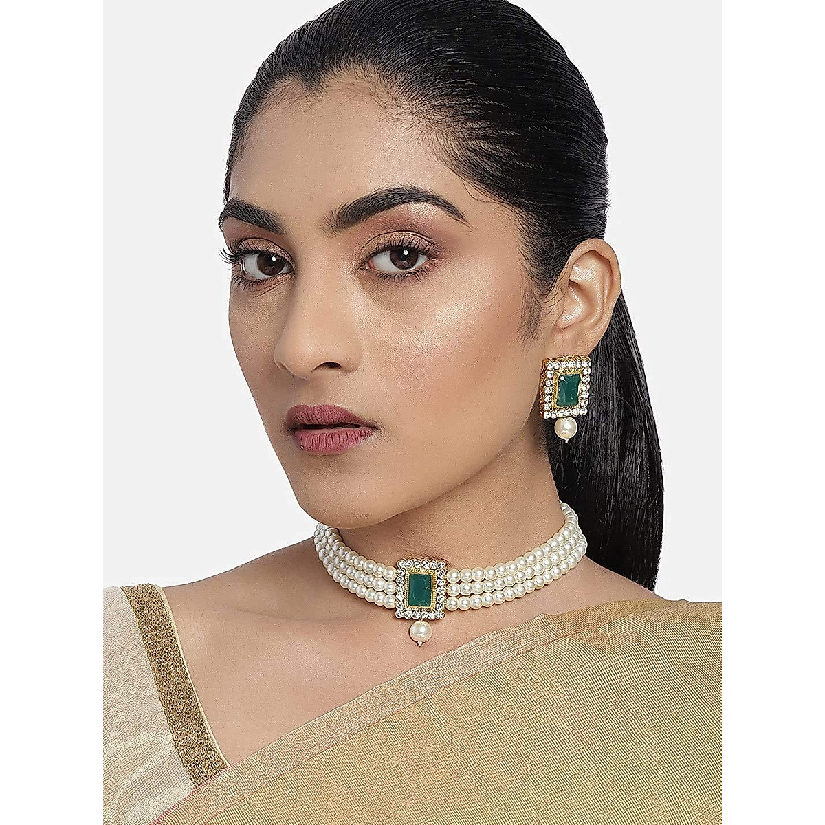 I Jewels Gold Plated Indian Wedding Bollywood Stone Pearl Choker Necklace Jewellery Set For Women (Green)