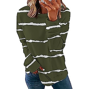 Deal Day Plus Size Fall Tops for Women Round Neck Striped Print Pullover Shirts Sweatshirts Long Sleeve Loose Tunic Blouse Army Green