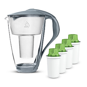 DAFI LED Glass Water Filter Pitcher 64 oz with Alkaline Filter + 3pack Alkaline Filters | Filters Compatible with Brita | Water Purifier Filter Jug Water Purifer | Water Cartridges | Grey