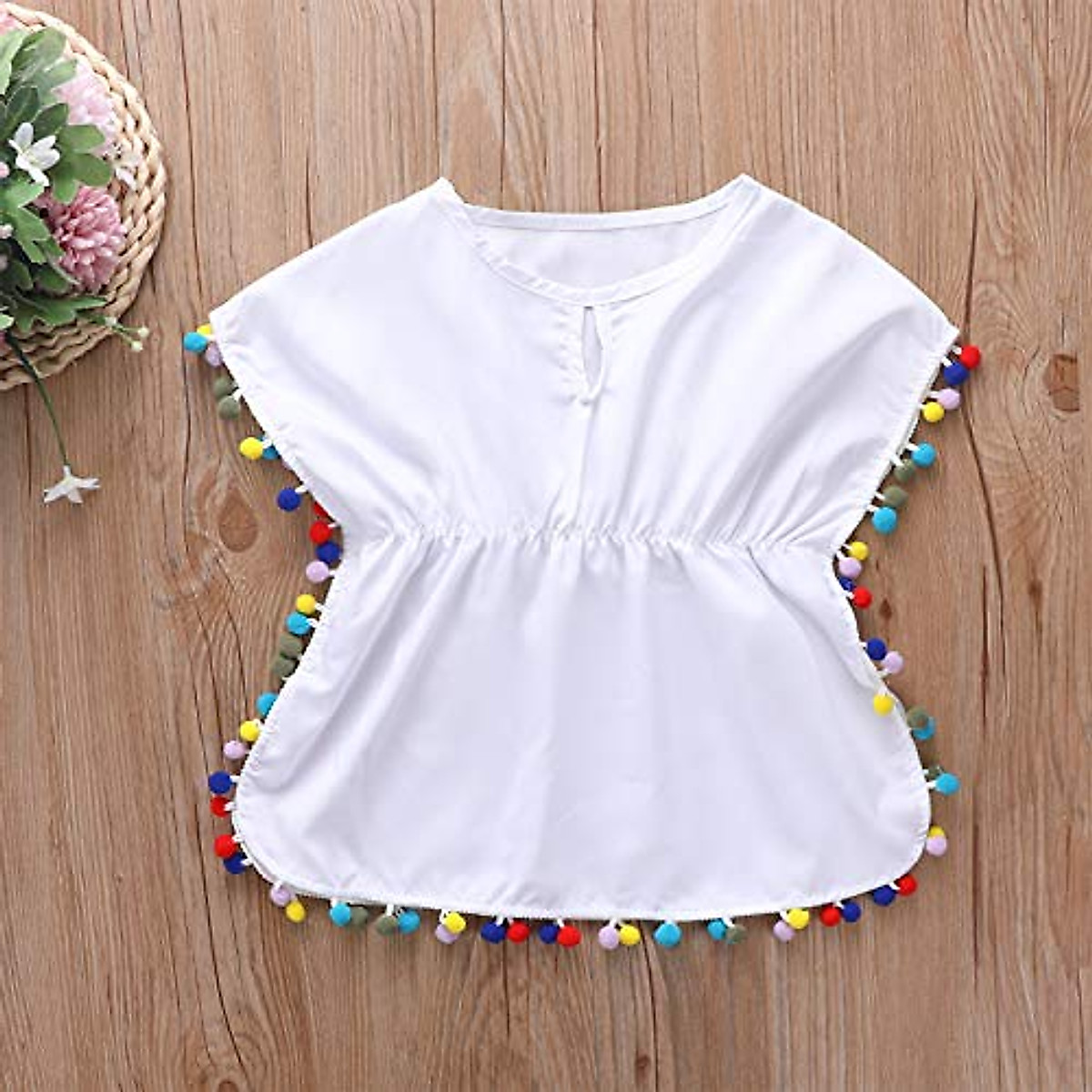 Tiacham Toddler Baby Girls Swimsuit Coverup Beach dresses Tassels Cover Up Pompom Poncho Rash Guards (White, 3-4T)