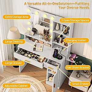 knoworld Makeup Vanity Desk with Mirror & Lights and Outlet, Make up Table with 3 Shelves, 2 Drawers & 1 Cabinet, 3 Lighting Modes & Adjustable Brightness Dressing Table for Bedroom, White