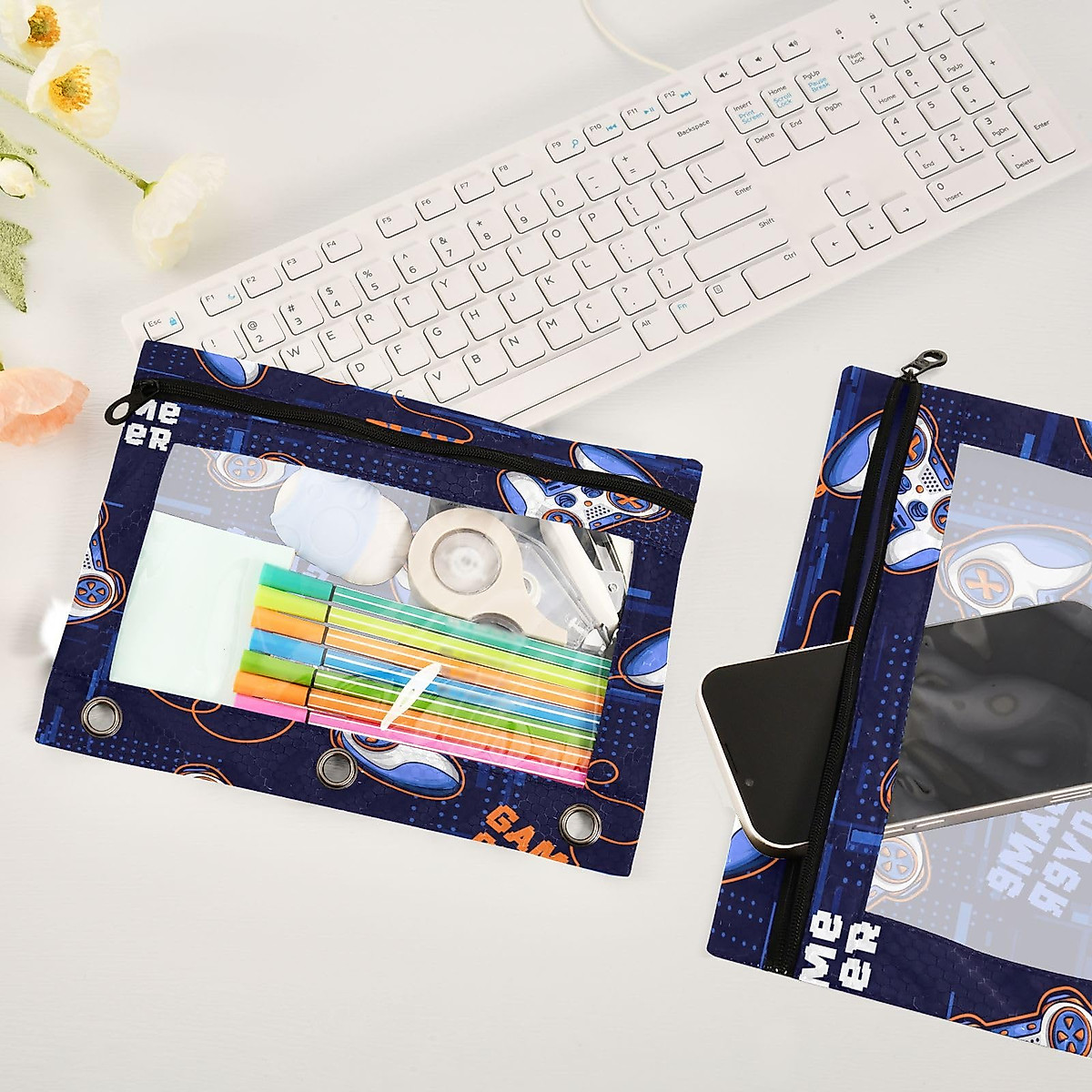 WIFIU Joystick Gamepads Pattern Pencil Pouch for 3 Ring Binder Pockets Clear Window Pencil Bag with Smooth Zipper Game Controller Pencil Case for Organization Office Supplies Cosmetics 2 Pack