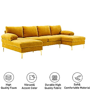 Pvillez Modern Sectional Sofa with Double Chaise Large Convertible Couches Chenille U-Shape Couch with Rolled Arms and Golden Legs Oversize Yellow Sofa for Living Room Comfortable Modular Sofa