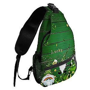 Sling Backpack, St.Patrick's Day Shamrocks Gnome Green Wood Grain Waterproof Lightweight Small Sling Bag, Travel Chest Bag Crossbody Shoulder Bag Hiking Daypack for Women Men