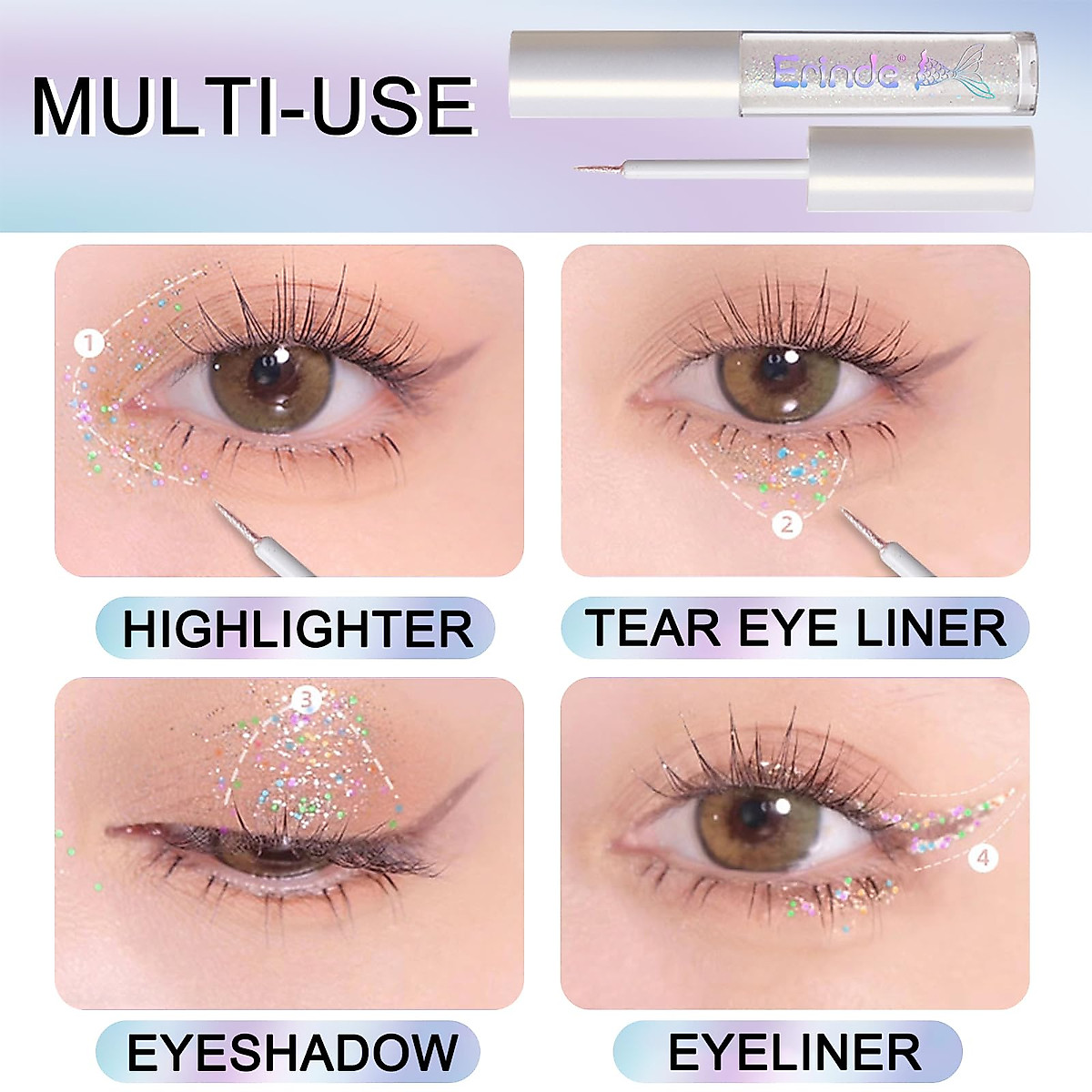 Erinde Liquid Glitter Eyeshadow Eyeliner, Metallic Shimmer Glitter Eyeshadow Liner, High Pigment Colored Eyeliner, Waterproof Long Lasting Sparkle Christmas Makeup for Women, Sunset Champagne