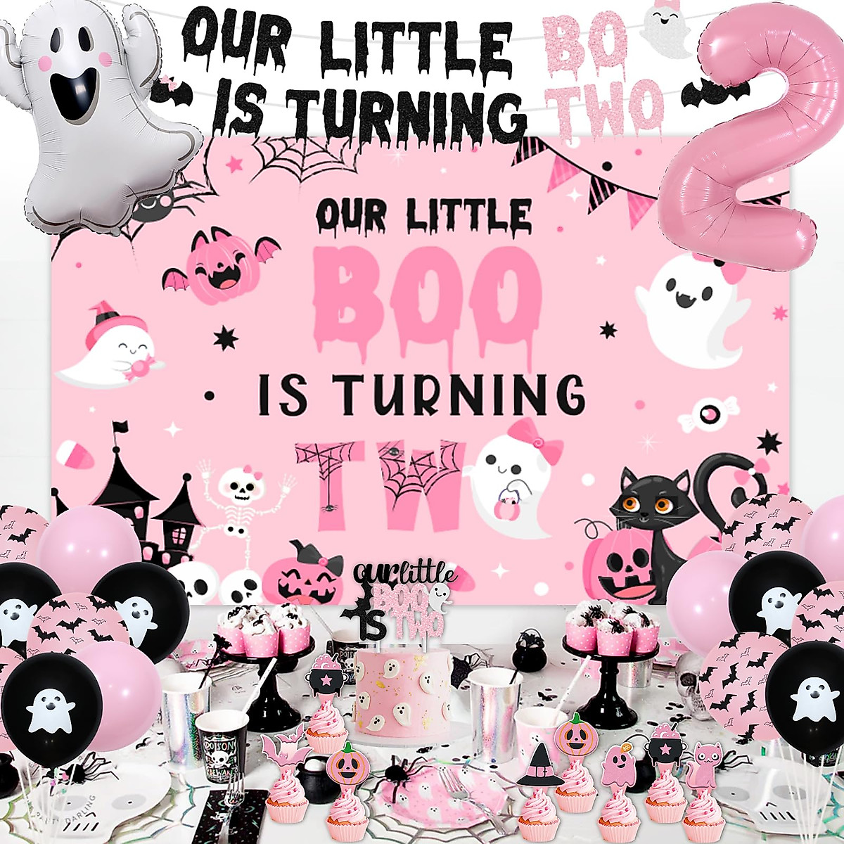 Fangleland Halloween Girls 2nd Birthday Decorations - Our Little Boo Is Turning Two Second Birthday Party Supplies for 2 Year Old Girl - Ghost Bat Backdrop Balloons Cake Topper Pink and Black