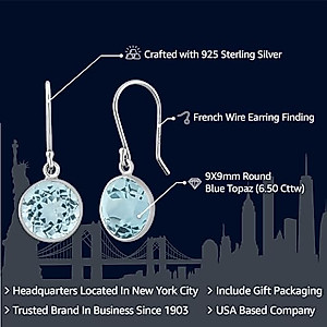 Gem Stone King 925 Sterling Silver Blue Topaz Dangle Earrings For Women (6.50 Cttw, Gemstone Birthstone, Round 9MM)
