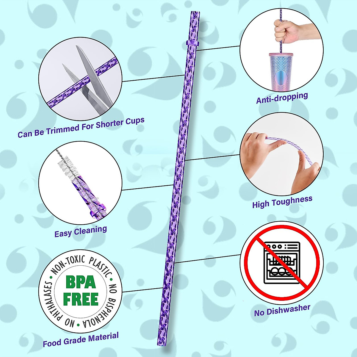 10 Pack Swirl Straws for Starbucks Tumbler, Reusable 11" Long Hard Plastic Shiny Crystal Tumbler Replacement Drinking Straws For 16 OZ 20 OZ 30 OZ Stanley, Yeti Tumblers With Cleaning Brush